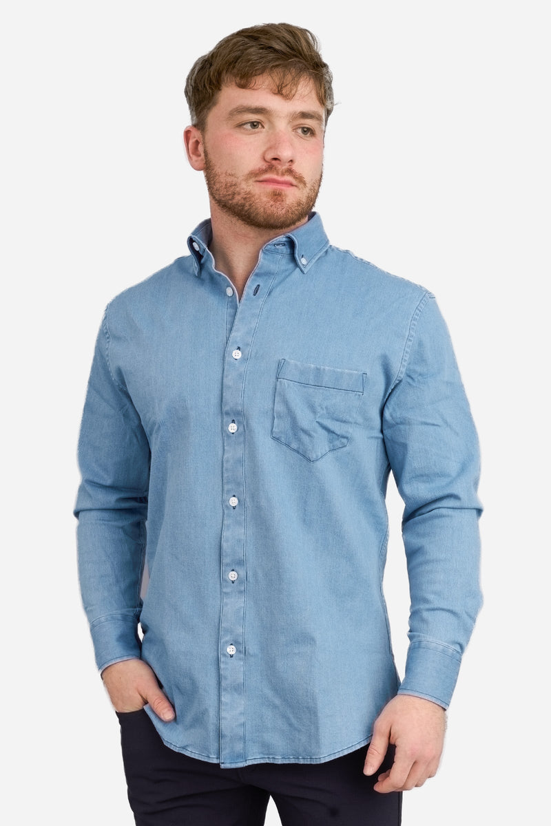 Stretch Denim Button Down Shirt | Light Wash | Under 510