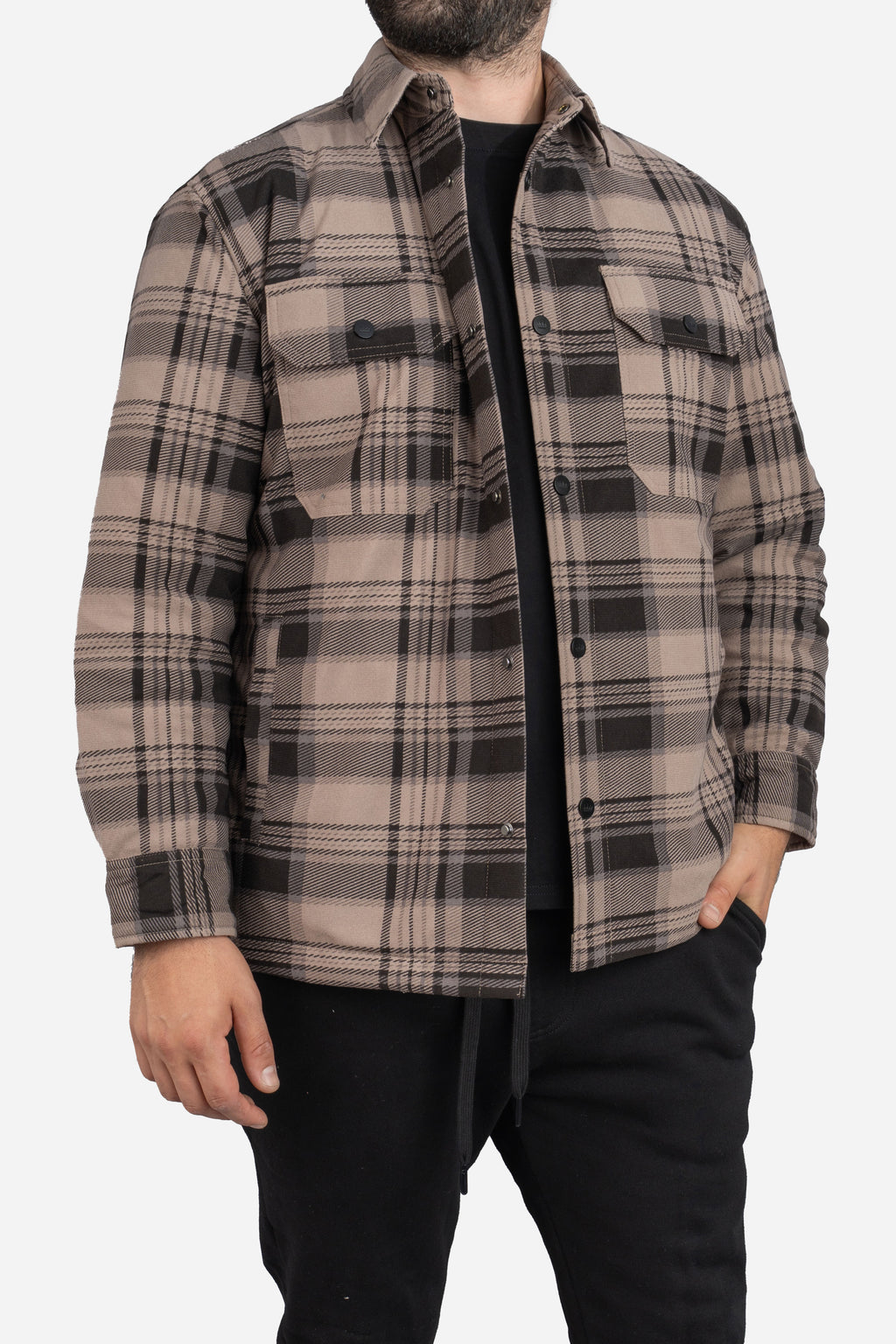 Padded Shacket Taupe Plaid - Shirt Jackets for Shorter Men | Under 510